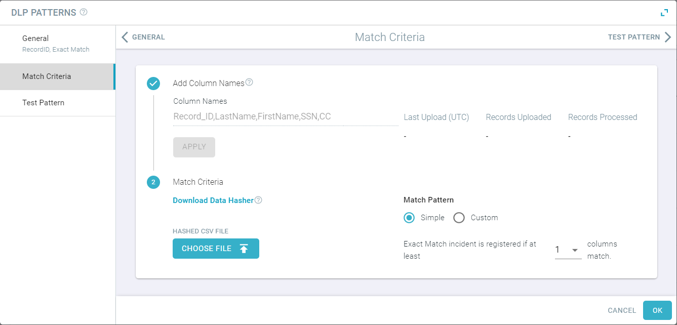 Creating exact match data pattern